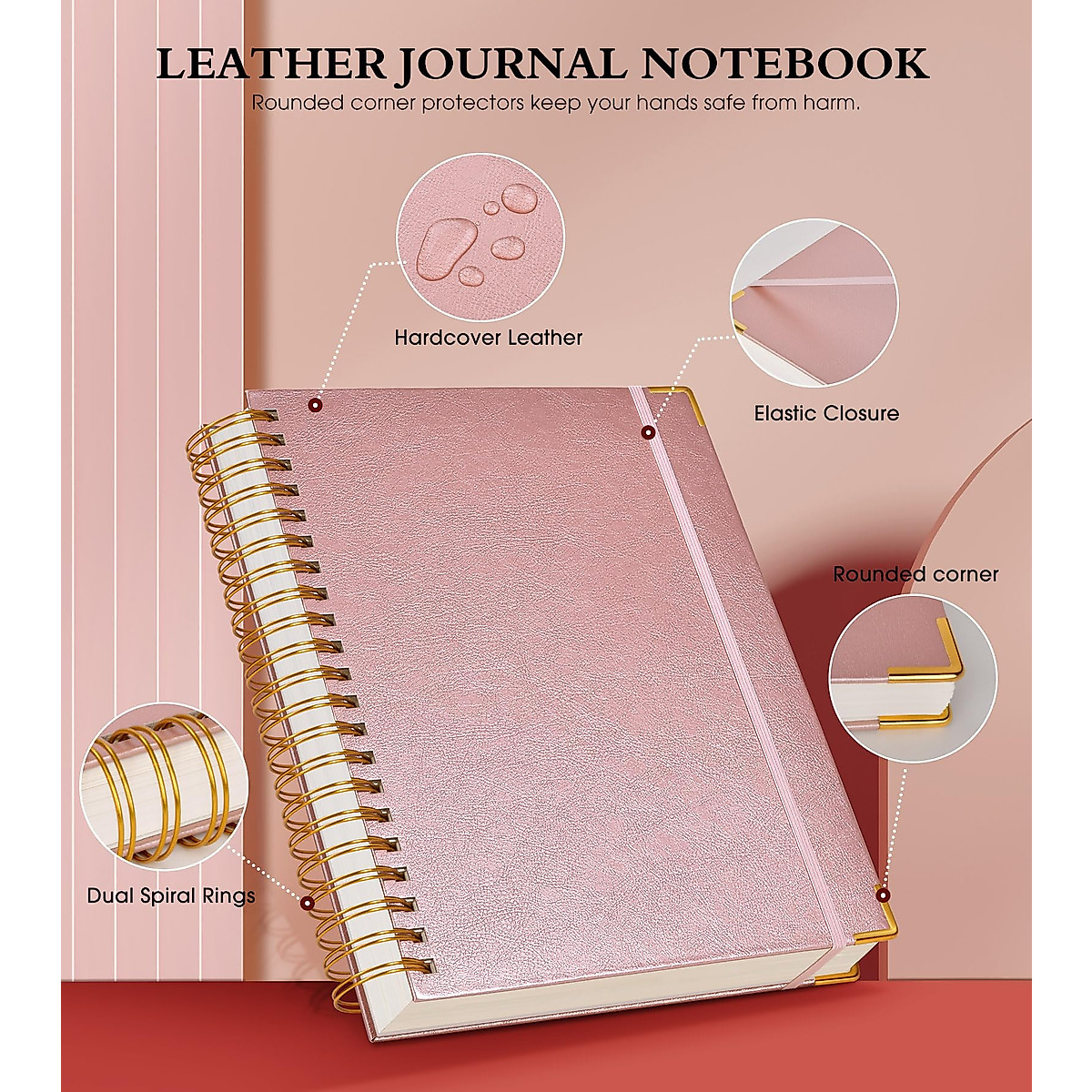 Spiral Notebook Journal 8.5” x 11”, 300 Pages Hardcover Leather Lined Journals for Women Men, A4 Large College Ruled Notebooks with 100 GSM Thick Paper, Spiral Journal for Writing Work School, Pink