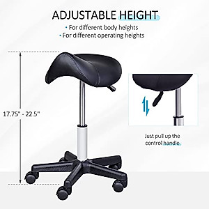HOMCOM Rolling Saddle Stool, Swivel Salon Chair, Ergonomic Faux Leather Stool, Adjustable Height with Wheels for Spa, Salon, Massage, Office, Black