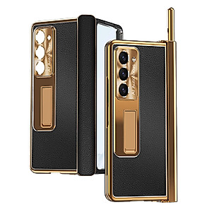 Upgraded Case for Samsung Galaxy Z Fold 5 2023, Magnetic Hinge Protection Built-in S Pen Holder & Built-in Screen Protetctor & Stylus Luxury Electroplated Leather Case,Black 2