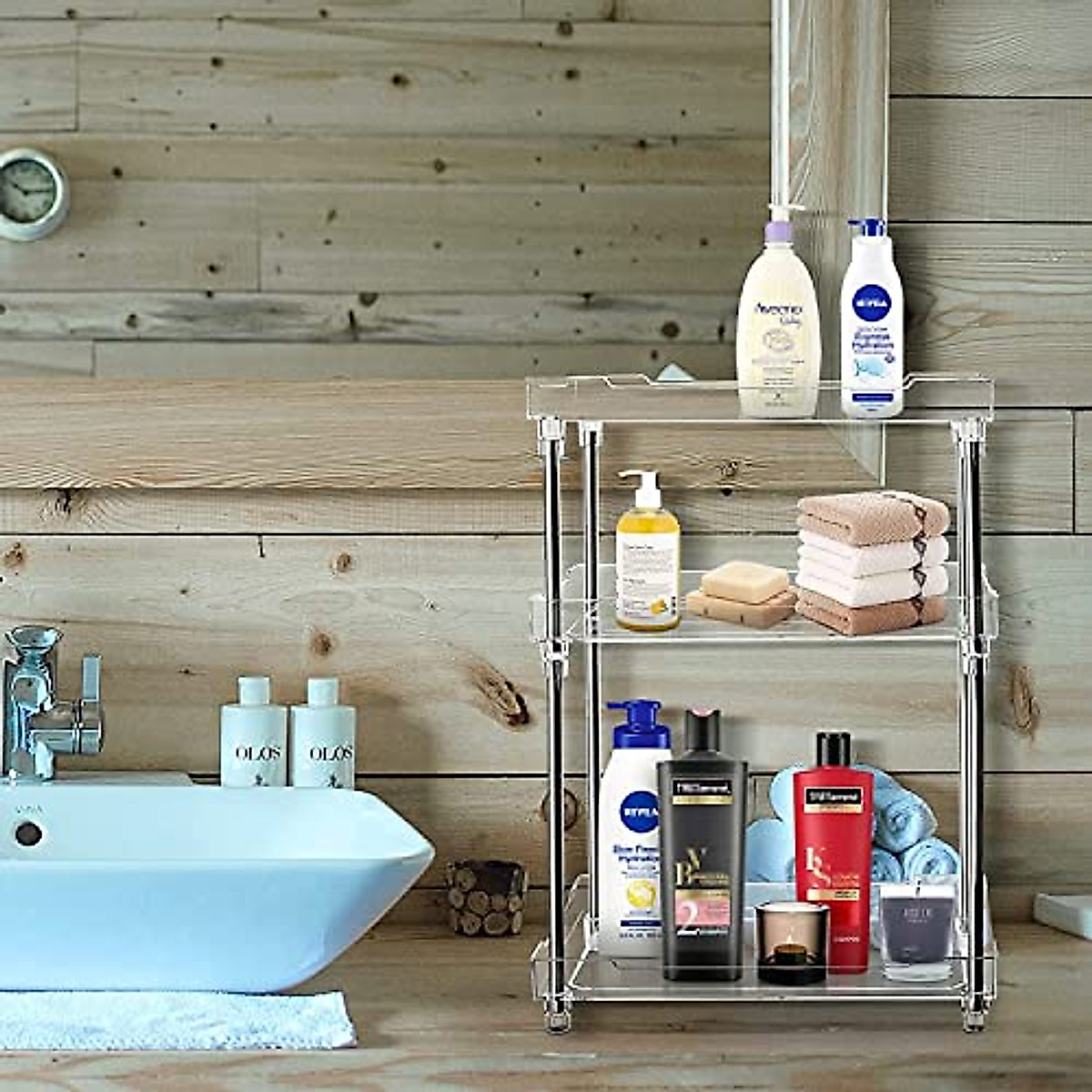 SANTREST Acrylic Organizer Multi-Functional Vanity Tray Corner Shelf for Makeup Cosmetic Shower Racks 3 Tiers