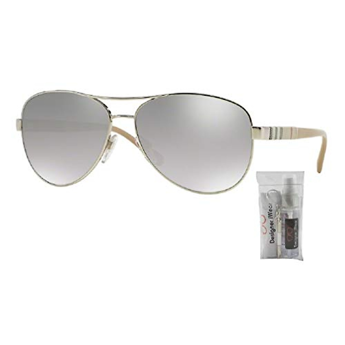 BURBERRY BE3080 10056V 59M Silver/Light Grey Mirror Gradient Silver Pilot Sunglasses For Women+ BUNDLE With Designer iWear Complimentary Eyewear Kit