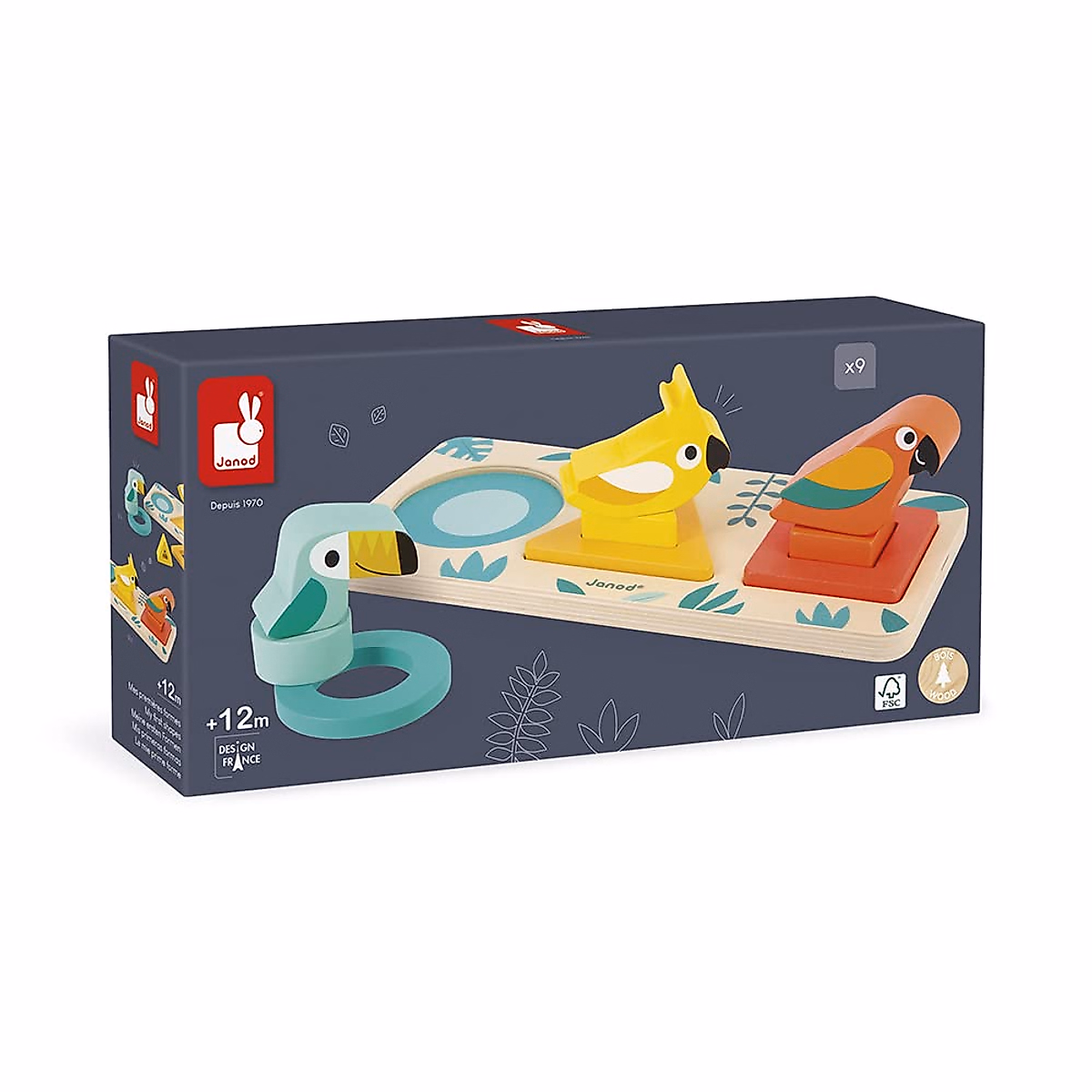 Janod - Tropik My First Shapes - Wooden Early-Learning Toy - Educational Toy: Shapes and Colors - 9 Slot-in Shapes - Water-Based Paint - 1 Year + J08266