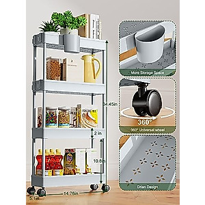 LEHOM 5.1" Slim Storage Cart - 4 Tiers Bathroom Organizer Mobile Shelving Unit Storage Rolling Utility Cart Slide Out Organizer for Kitchen Bathroom Laundry Narrow Places, Grey