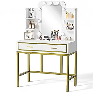 Buytime Vanity Desk with Mirror and Lights, Makeup Vanity Table with 9 LED Lights, 2 Drawers and 4 Storage Shelves, Modern Vanity Set for Bedroom (White)