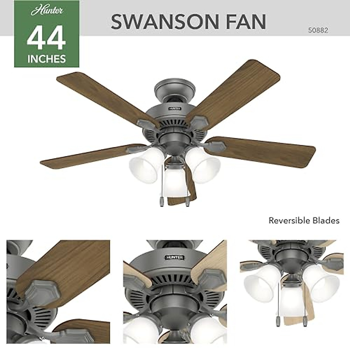 Hunter 50882 Swanson Ceiling Fan 44 inches Matte Silver