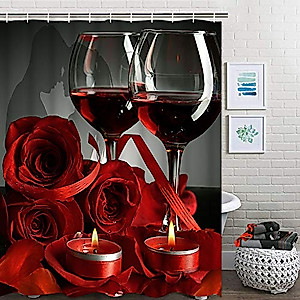 7 Piece Valentines Shower Curtain Sets with Rugs and Towels, Include Non-Slip Rugs, Toilet Lid Cover, Bath Towel and Mat, Romantic Red Rose Shower Curtain with 12 Hooks for Bathroom Decoration