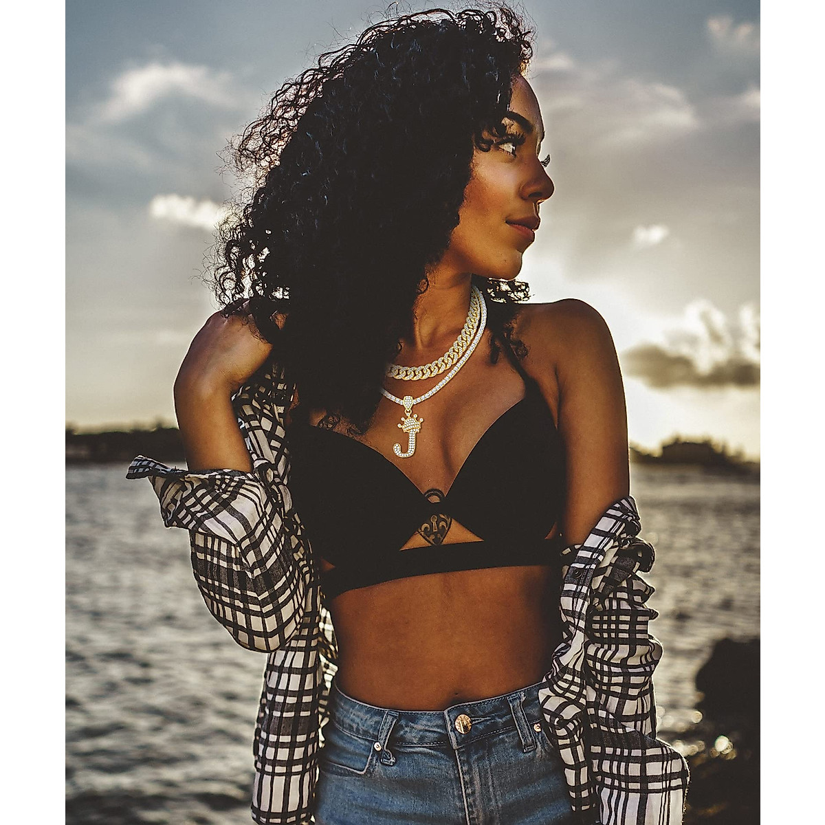 WFYOU Cuban Link Chain for Women Crown Gold Initial Pendant Necklace 18K Gold Plated Alphabet Letter Pendant Choker Hip Hop Diamond Chain Custom Name Necklace Trendy Dainty Rapper Jewelry Gift