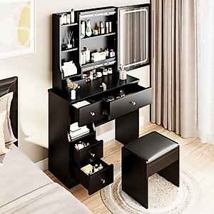 Elevon Small Makeup Vanity Desk with Sliding Mirror LED 3 Lighting Adjustable, Vanity Table Set with 5 Storage Drawer & Chair & Shelves Bedroom Furniture, Black