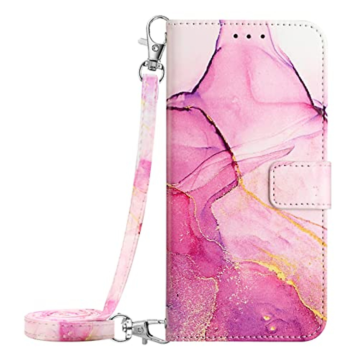 Compatible with Samsung Galaxy Z Fold 4 Case with Wallet Marble Pink Purple Gold with Long Crossbody Lanyard and Hand Strap for Samsung Galaxy Z Fold4
