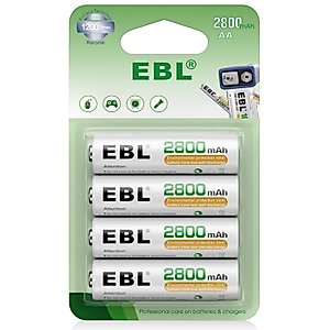 EBL AA Rechargeable Batteries,1.2V NiMH Double A Battery 2800mAh High Capacity Pre-Charged Long Lasting - 4 Pack