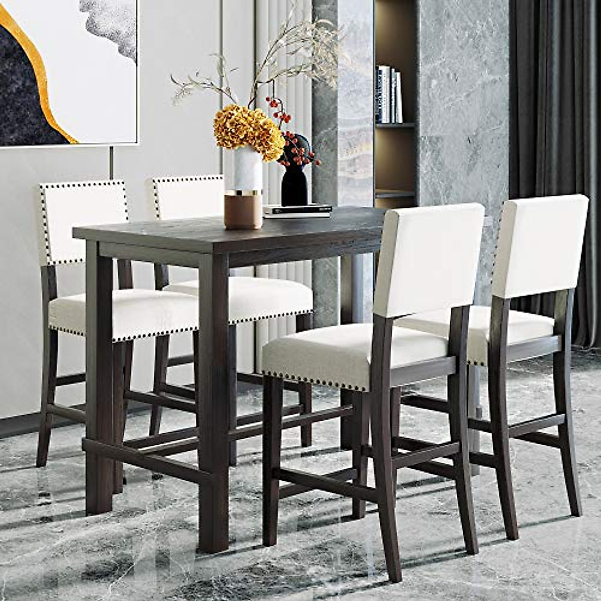 WOZNLA 6-Piece Counter Height Dining Table Set - Rectangular Table with Convenient Shelf, 4 Comfortable Chairs, and Stylish Bench for Dining Room and Kitchen Furniture