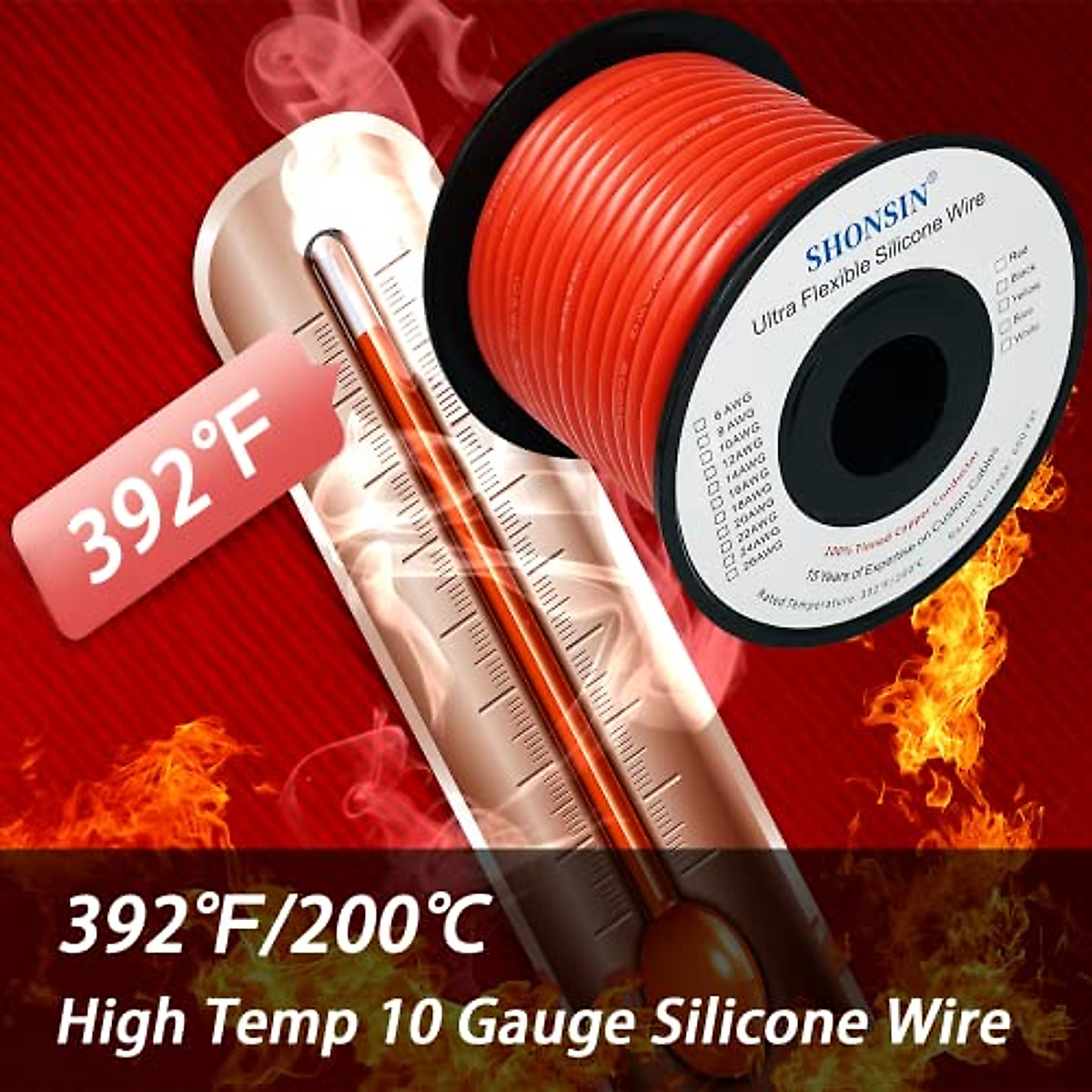 Shonsin 10 Gauge Silicone Wire Spool 50FT Red, Extremely Flexible 10 AWG Automotive Wire, 1050 * 0.08mm Tinned Stranded Copper (5.3mm2) High Temp 392℉/200℃ Rating 46 Amp 600V