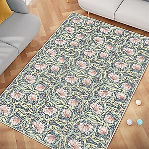 Machine Washable Rugs 4'x6',William Morris Vintage Floral Area Rug Soft Non Slip Rug for Living Room Bedroom,Ultra-Thin Stain Resistant Large Area Rug Blue/Pink Elegant Flower Rug for Home Decor
