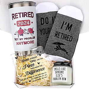 Retirement Gifts for Women- Retired 2024 Not My Problem Anymore Gift Baskets Happy Retirement Gifts for Her Female Colleague Leader Boss Teacher Mom Nurse Friend Coworker Retirement Tumbler Set