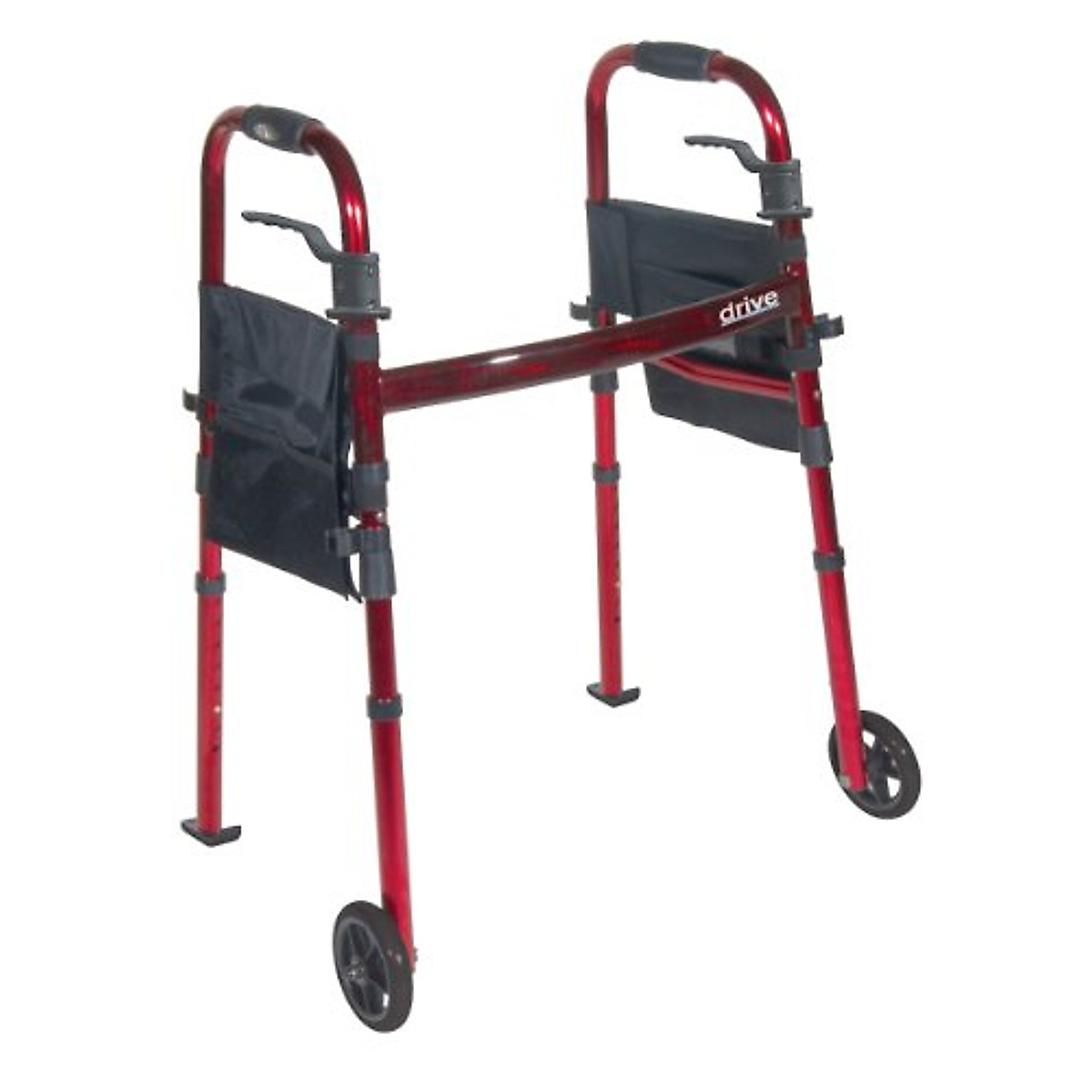 Drive Medical Deluxe Portable Folding Travel Walker with 5" Wheels and Fold up Legs, Red