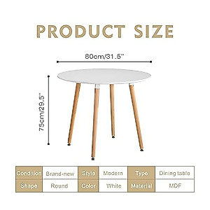 NIERN Round Dining Table with Beech Wood Legs, Modern Wooden Kitchen Table for Dining Room Kitchen (White)