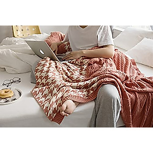 GunziStreet Luxurious Pure Cotton Knitting Throw Blanket Houndstooth Thousand-Bird Pattern Splicing Nordic Style Soft Warm Home Decor for Bed Couch Bedroom (Red Ruby, 51x63)
