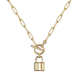Turandoss Lock Necklace, 14K Gold Plated Padlock Necklace Dainty Link Chain Lock Pendant Necklace Mini Lock Choker Necklaces for Women