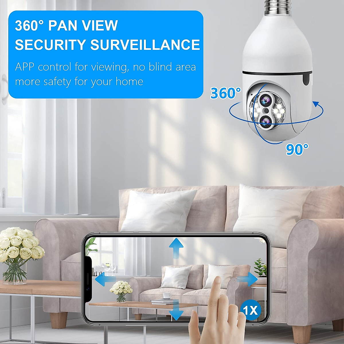 Light Bulb Security Camera, Upgrade 10X Digital Zoom Light Bulb Camera, WiFi Dual Lens Indoor Outdoor Light Socket Security Camera with APP/Color Night Vision/Motion Tracking/Two-Way Audio