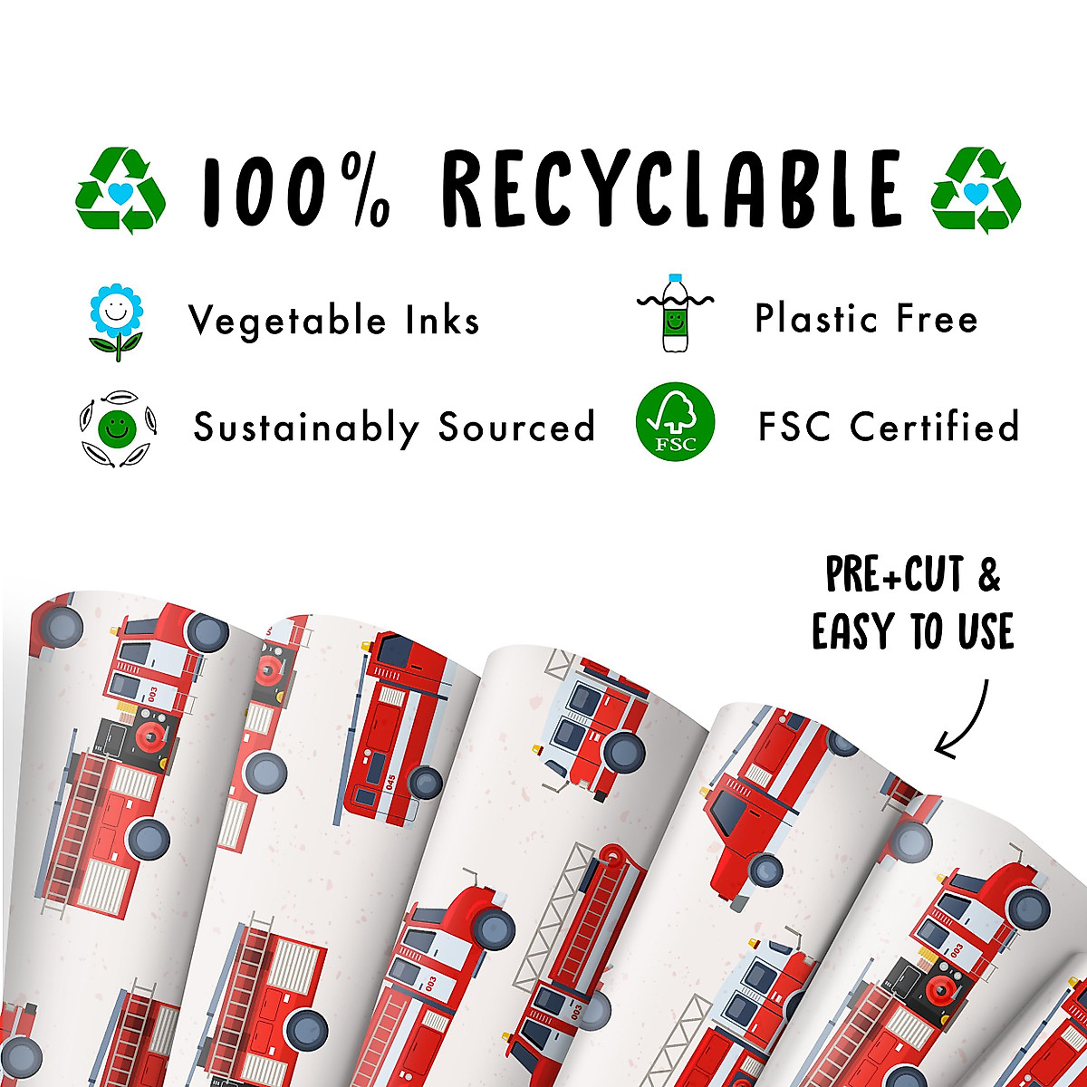 CENTRAL 23 Wrapping Paper For Boys - 6 Sheets Of Fun Birthday Gift Wrap - Fire Engine - Truck - Kids Wrapping Paper - Comes With Cute Stickers - Recyclable Christmas Wrapping Paper - Red White