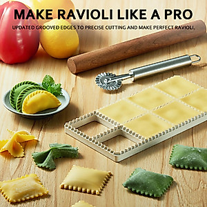 MUMSUNG Ravioli Maker Press, Ravioli Press Mold Set - 1.85" Squares Ravioli Stamp Maker Cutter with Wood Rolling Pin, 2.6" Empanada Maker Press Kit and Ravioli Wheel, Makes 8 Ravioli