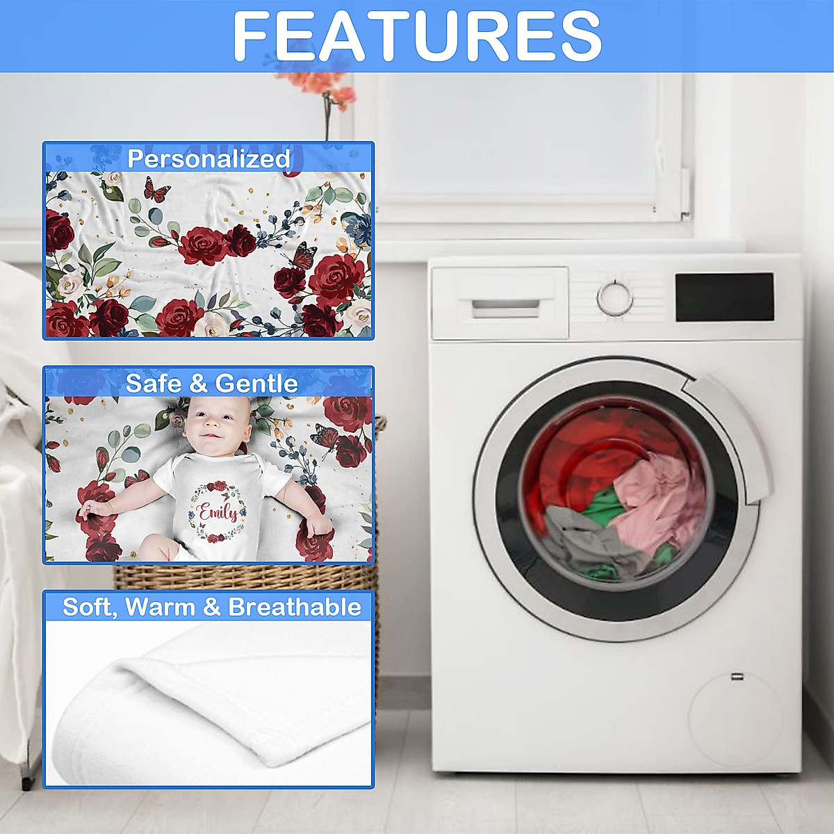 ZouZou Personalized Monogram Baby Blankets with Name, Customized Baby Blanket for Girls, Roses Baby Blanket, Best Gift for Baby, Newborn, New Mom, Super Soft Plush Fleece, 30 x 40 inch