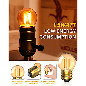 TobeBright 1.5Watt Low Watt LED Light Bulbs Equivalent to 10 Watt Night Light Bulbs,E26 Standard Base G40 Small Globe Light Bulbs,2200K Soft Warm Light Bulb for Bedroom,Amber Glass,Non-Dimmable,4Pack