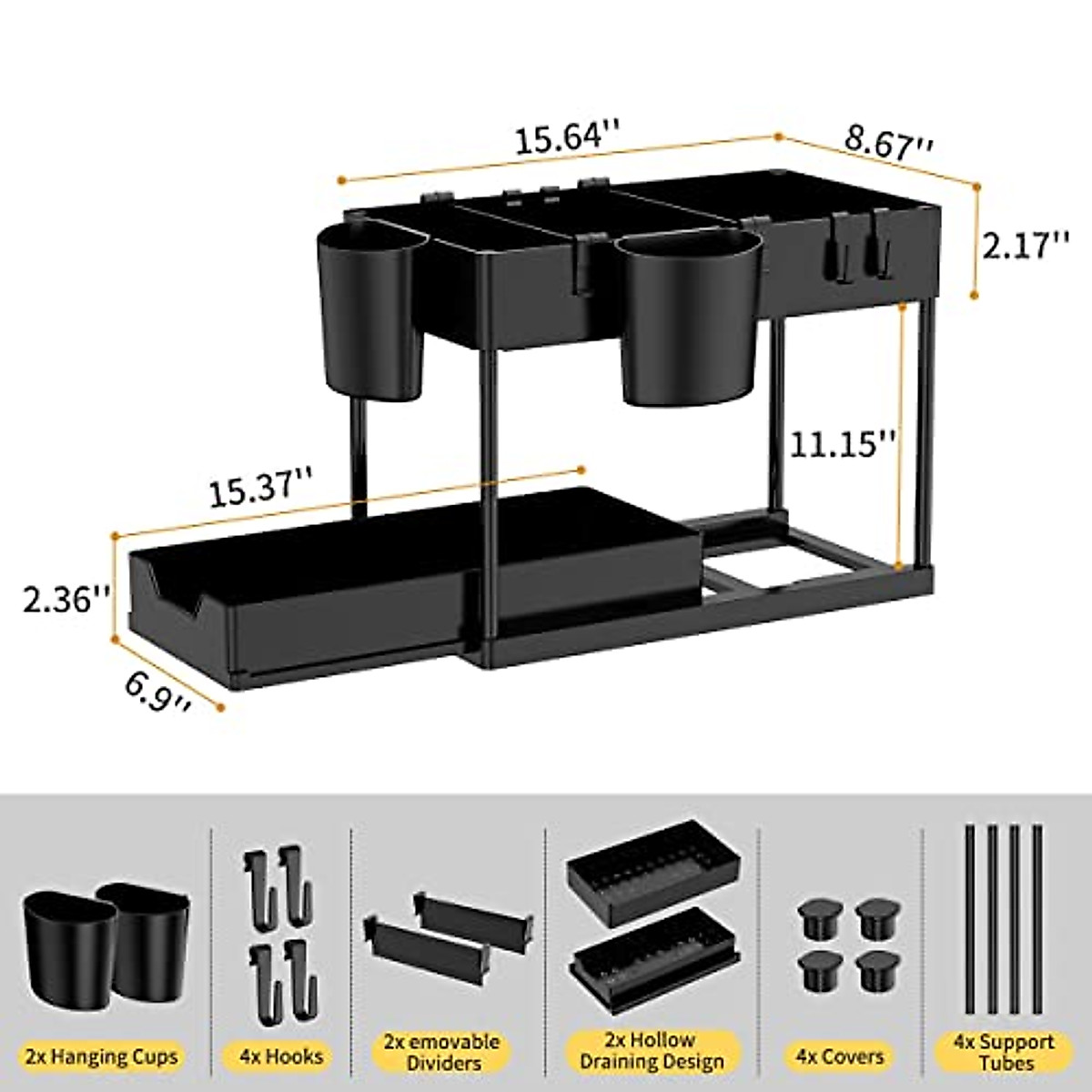 Under Sink Organizers 2 Pack, 2 Tier Sliding Under Bathroom Cabinet Storage Drawer Organizer with Hooks, Hanging Cup, Dividers for Bathroom, Kitchen Multi-Purpose, Under Sink Organizers and Storage