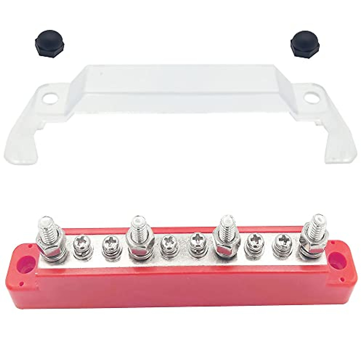 ROYFACC Bus Bar Power Distribution Block 4 x 1/4" Studs 6 x M4 Screw Terminal Block with Cover 150 Amp Rating for Car Boat Marine Caravan RV (Black + Red)