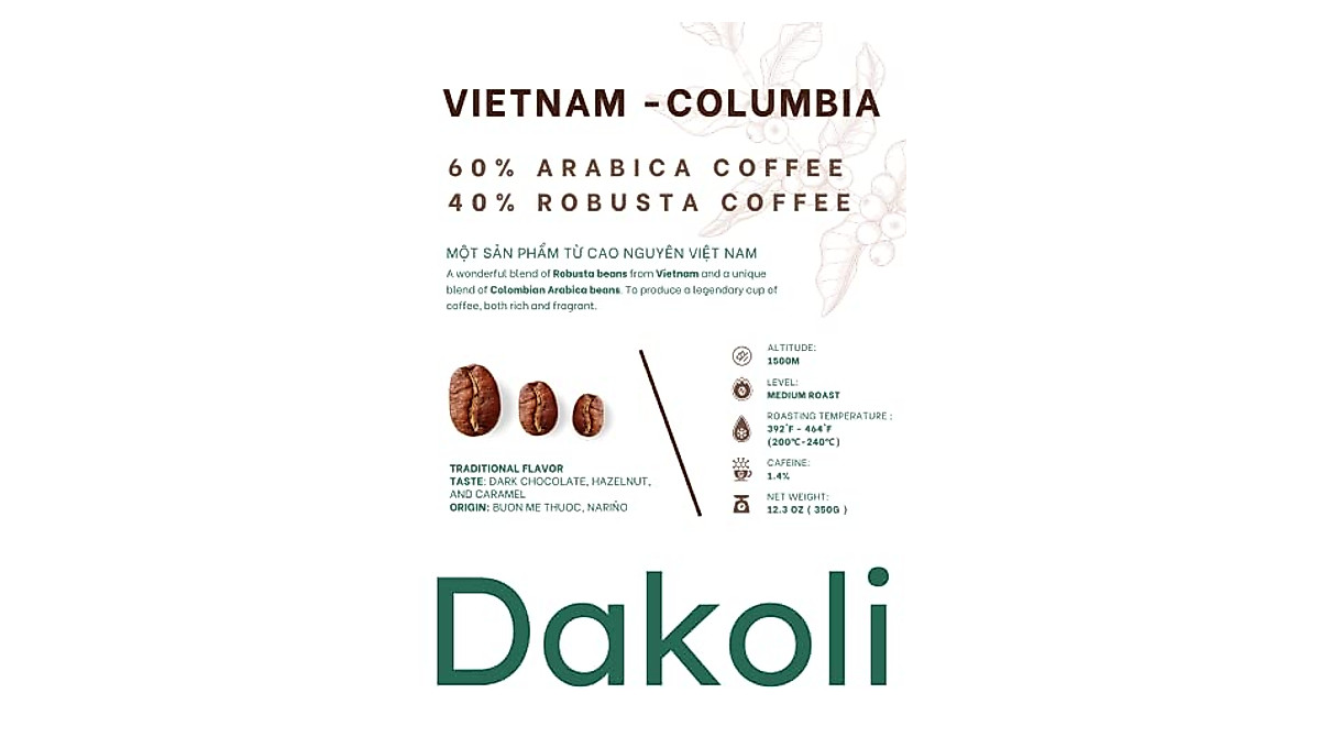 Authentic Dakoli Vietnamese Coffee - Ground, Arabica & Robusta