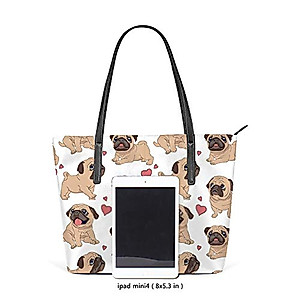 Large Work Tote Bags Women's PU Leather Fashion Funny Cartoon Pugs Puppies Handbags Shopper Bag Casual Bag