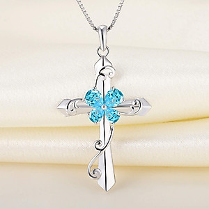 YL Women's Butterfly Cross Necklace Sterling Silver Created Aquamarine Leaves Pendant Crucifix Jewelry for Women
