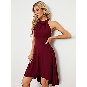 Ever-Pretty Women's Halter Neck Pleated Sleeveless High Low A-Line Midi Cocktail Dresses Burgundy S