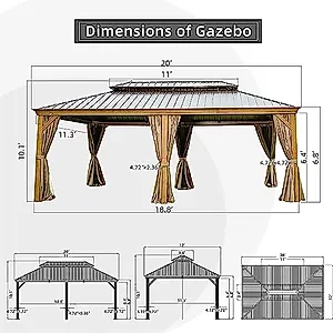 Jaxenor 12'x20' Outdoor Aluminum Wood Grain Hardtop Gazebo - Galvanized Steel Double Canopy for Patios, Decks, and Backyards - Includes Curtains and Netting (Wood-Looking)