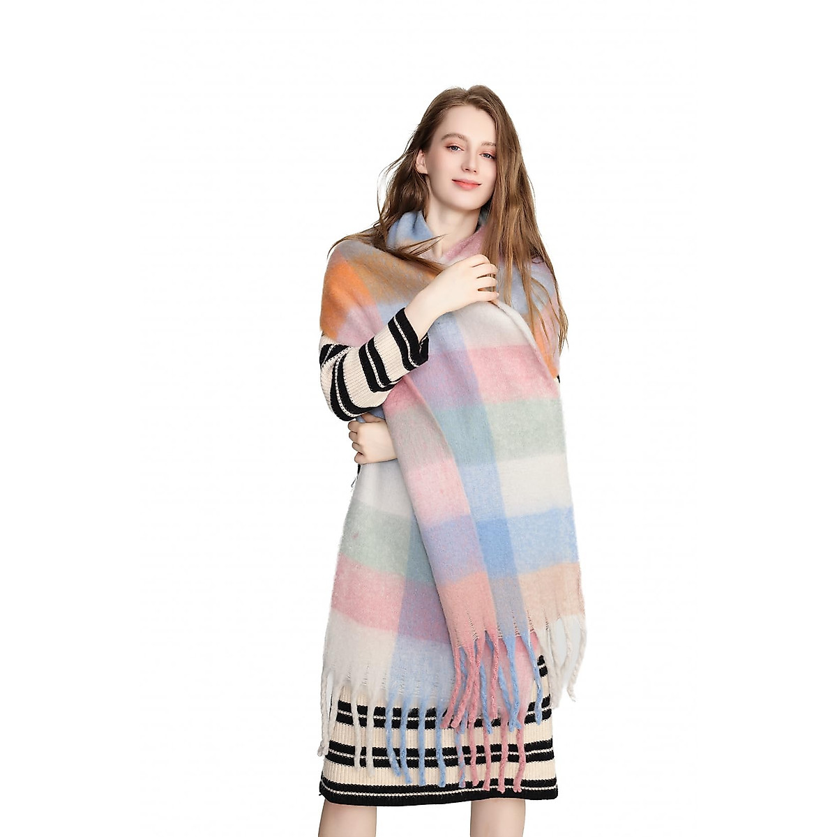 Yatemiole Women's Cashmere Big Coloured Checked Scarf Winter Warm Wrap Scarf (Pattern - 16)