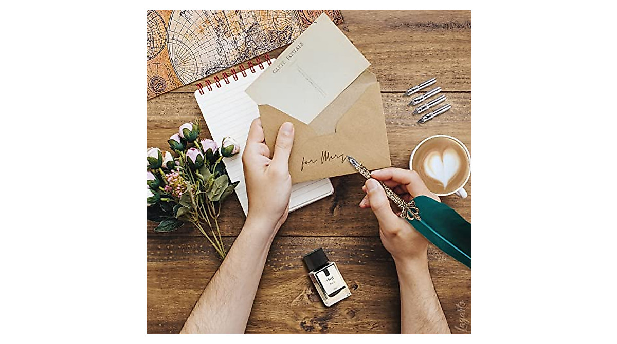 Elegant Feather Quill Pen and Ink Set for Calligraphy