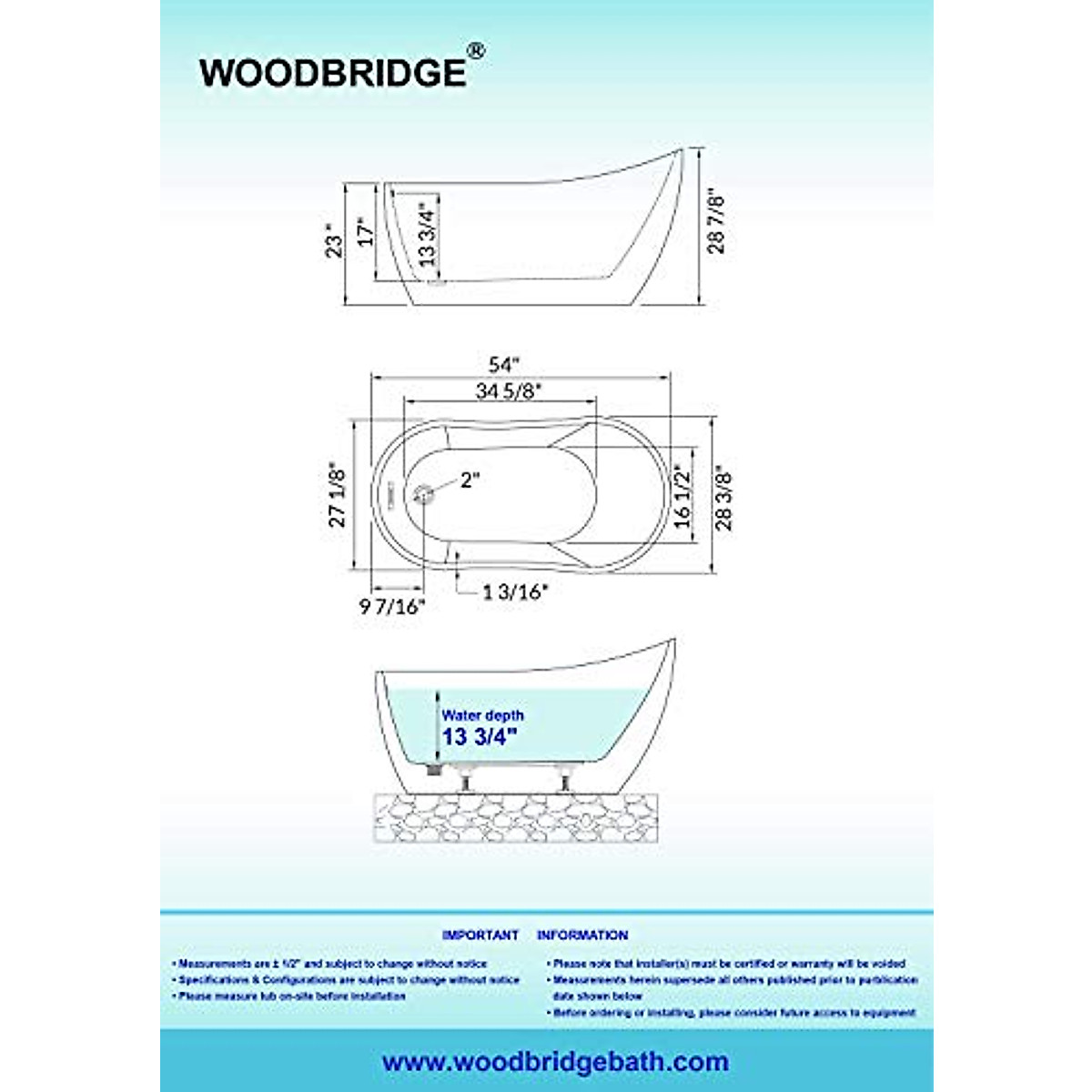 WOODBRIDGE BTA1507-B/N-Drain &O + Pillow Bathtub, 54“, Brushed Nickel