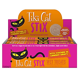 Tiki Cat Stix Mousse Treats, Single Serve Indulgent Lickable Treat or Dry Food Topper, with Chicken in Creamy Gravy, 0.5 oz. Servings (20 Count)