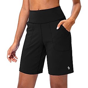 SANTINY Bermuda Shorts for Women with Zipper Pocket Womens High Waisted Long Shorts for Running Workout Athletic(Black_L)