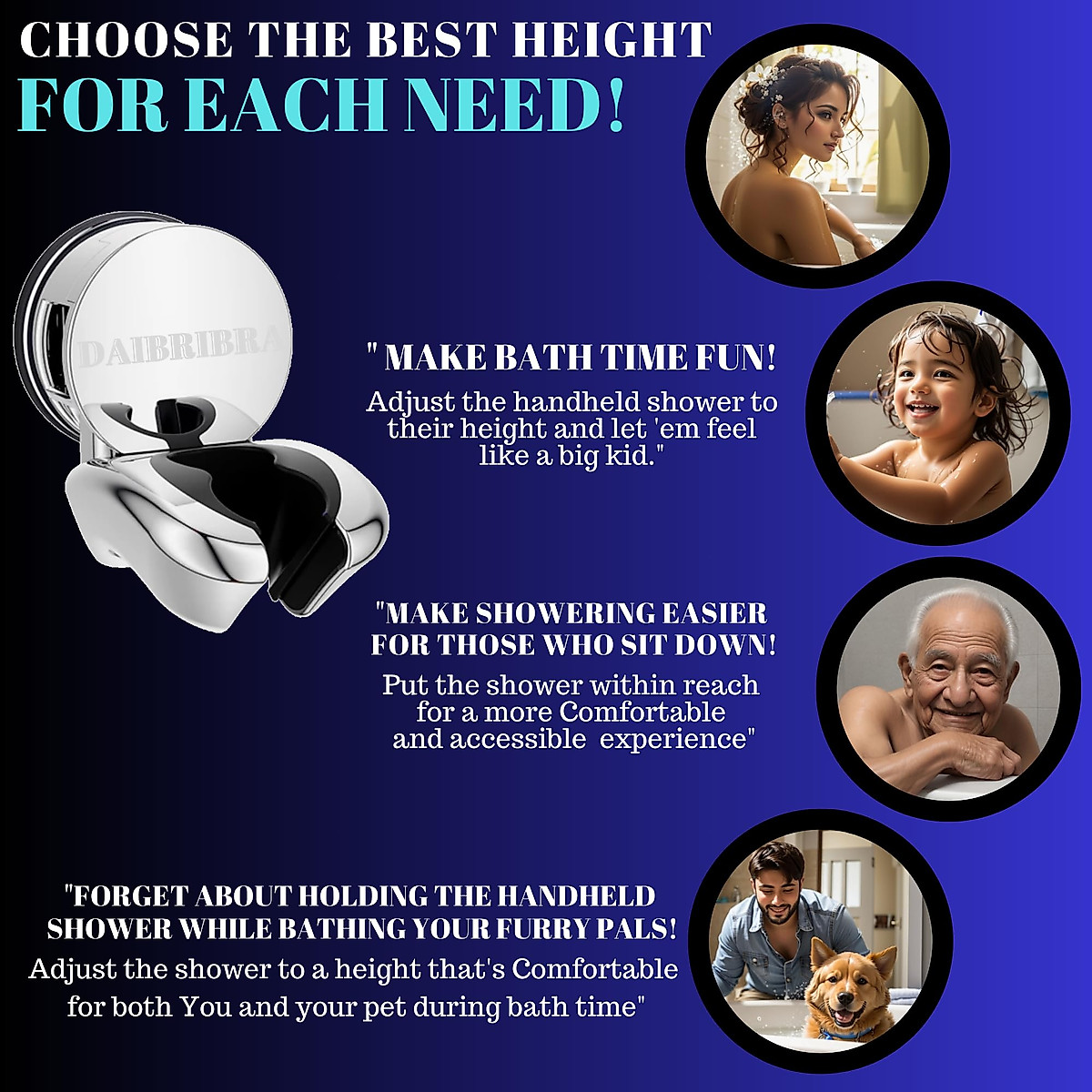 Suction Cup Shower Head Holder Wall Mount - Different Positions Handheld Shower Head Holder relocatable and Adjustable - Handheld Shower Head Holder for People with Handicap or Short Stature.