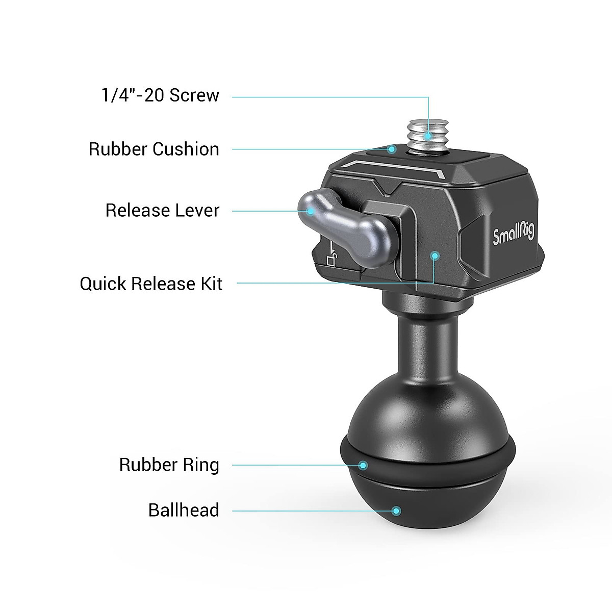 SmallRig Quick Release Ballhead with 1/4" Screw, Drop-in HawkLock Ball Head Clamp for Magic Arm Clamp, Quick Release for Field Monitor, Camera, Light, Max Load of 5kg, Aluminum Alloy - 3600