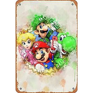 Mario Characters – Video Game Character – Poster – Canvas Print – Wooden Hanging Scroll Frame Retro Vintage Metal Plaque Sign Tin Sign for Home Bar Kitchen Pub Wall Decor Signs 12x8inch