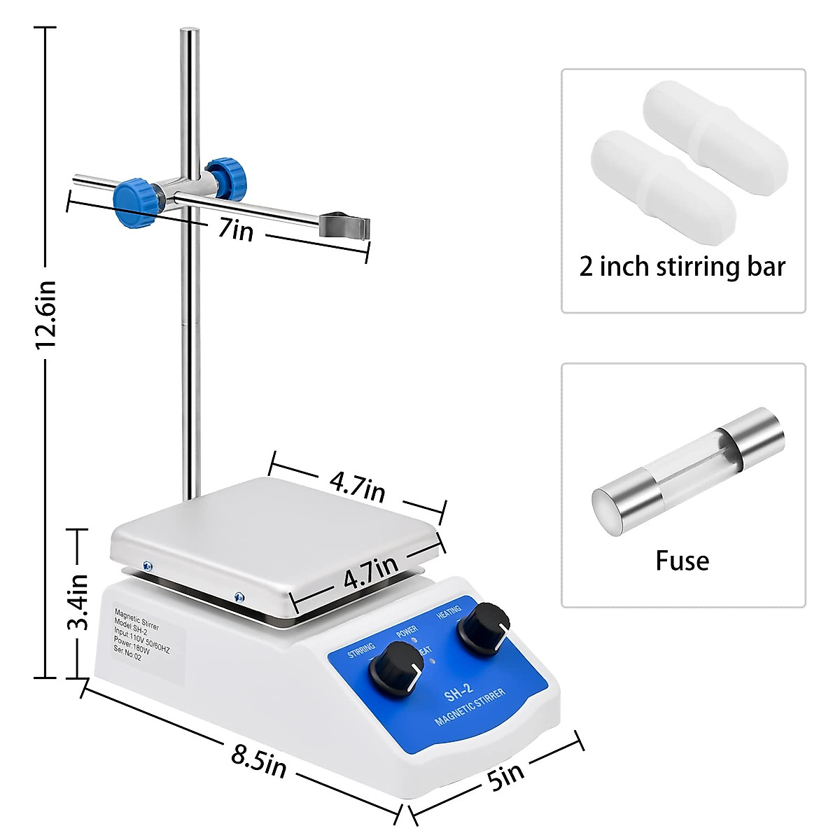 Lab Magnetic Stirrer Plate Hot Stir Mixer with Stirring Bar Heating Electric Mixing Machine for Chemistry Equipment 1000ml Capacity 100~2000 RPM Speed Resin Epoxy Stirring Bar & Support Stand Included