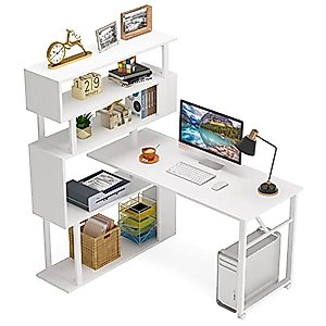 Tribesigns Rotating Computer Desk with 5 Shelves Bookshelf, Modern L-Shaped Corner Desk with Storage, Reversible Office Desk Study Table Writing Desk on Wheels for Home Office (White)