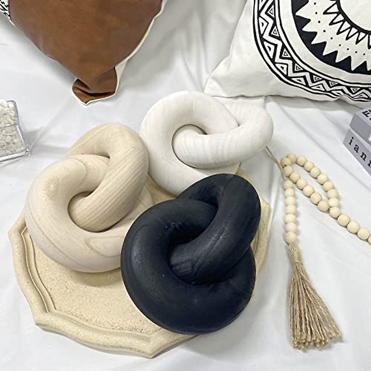 2-Link Wood Chain Link Decor Wood Knot Decor, Home Shelf Decor Hand Carved Boho Bead, Suitable for Bedroom, Living Room, Coffee Table Decor,Black Decor