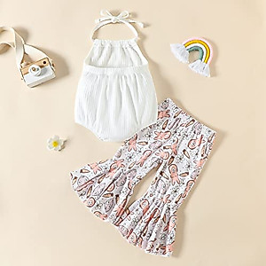 YOKJZJD Infant Baby Girl Easter Outfit Knitted Sleeveless Romper T-Shirt Tops Bunny Bell Bottom Pants Set Summer Clothes (White, 6-12 Months)