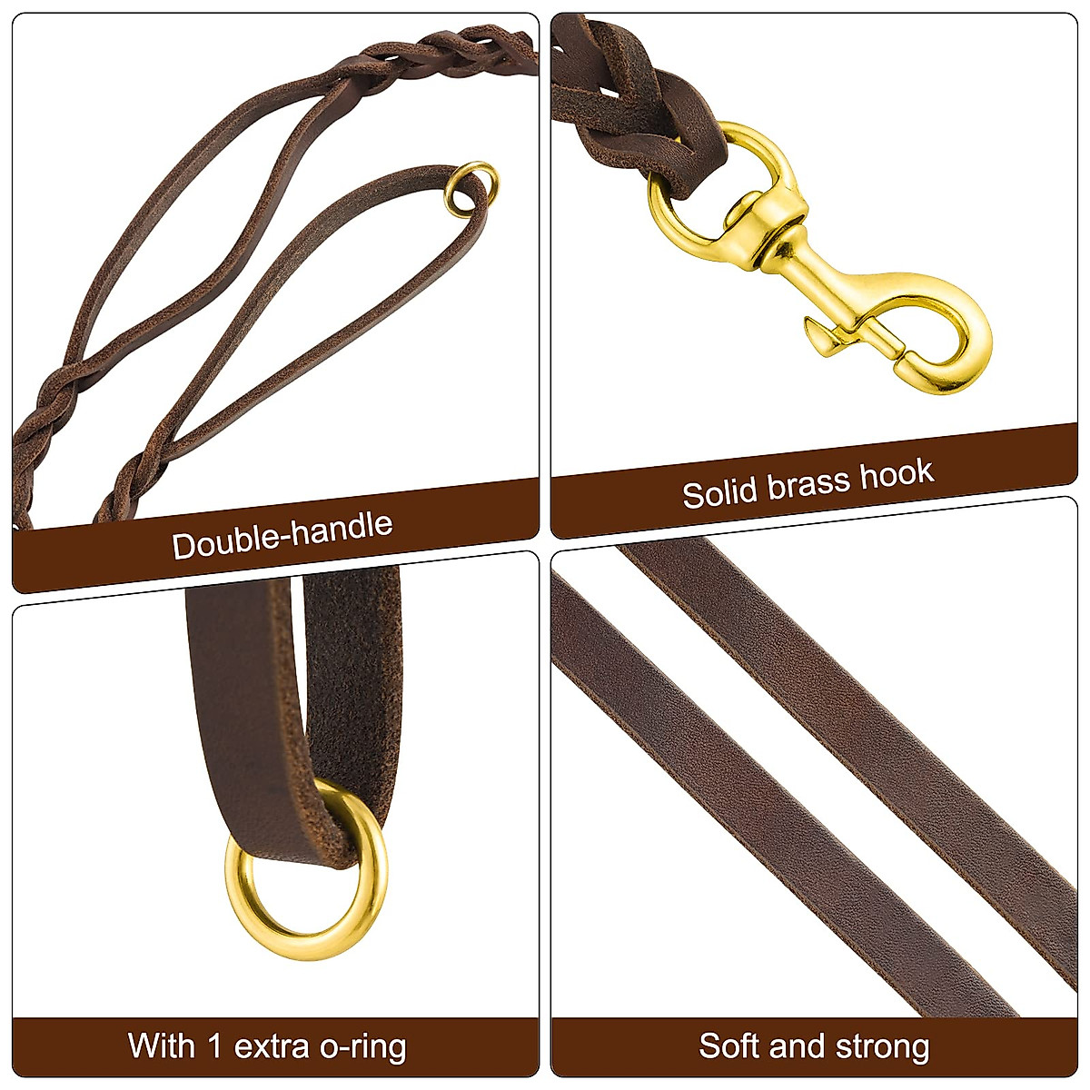 Wellbro 15ft Long Leather Dog Leash,Double Handle Dog Leash,Tieout for Yard, Camping, and Outdoors - Dog Run Cable for Total Control and Off-Leash Feel, Great for Large, Medium, Service Dogs