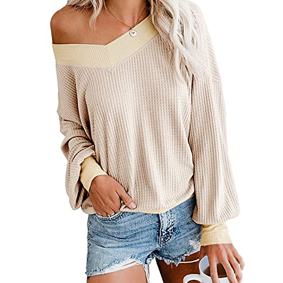 Women's Casual V Neck Long Sleeve Waffle Knit Off Shoulder Top Loose Pullover Sweater Apricot Medium