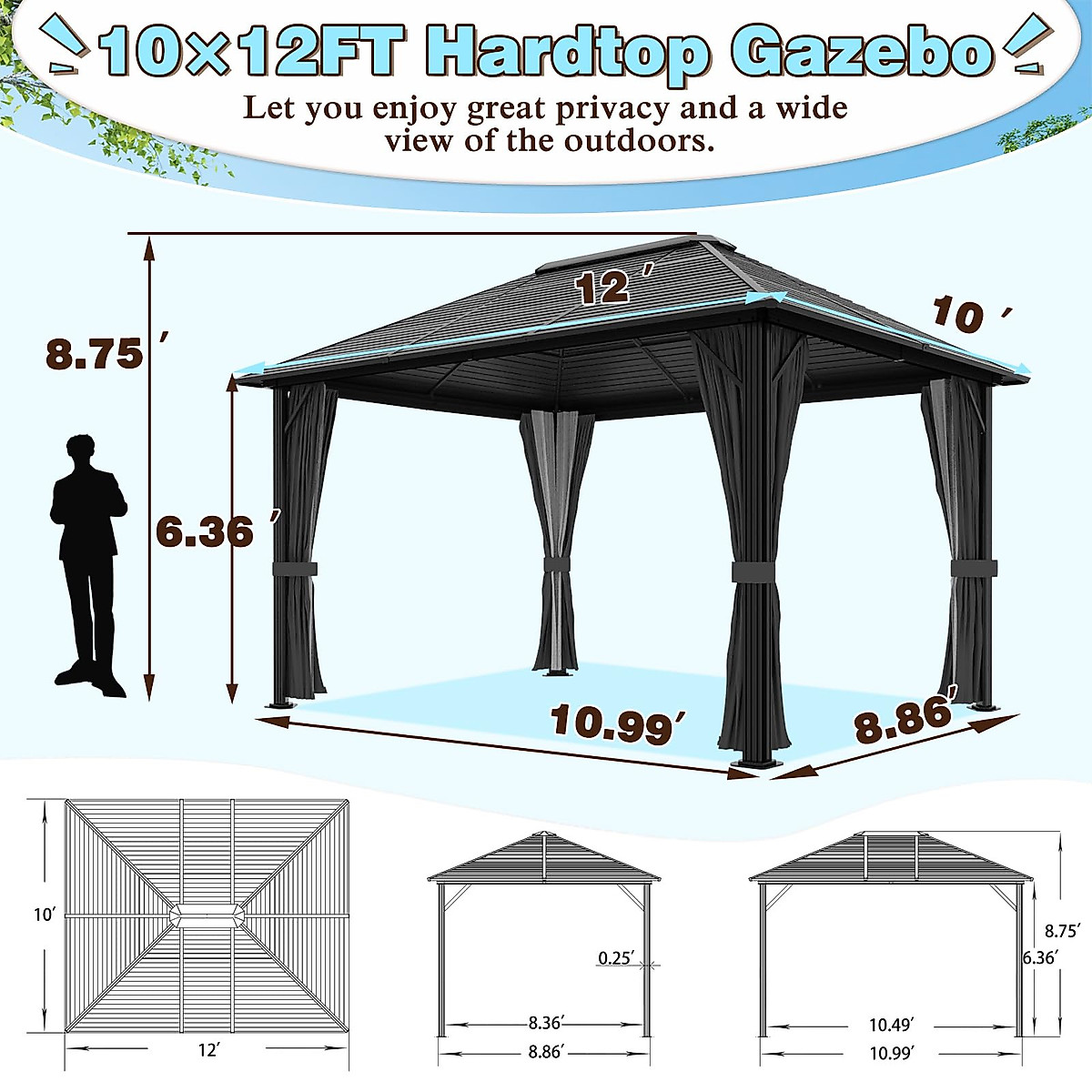 MUPATER 10x12ft Hardtop Gazebo with Sidewalls and Mesh Netting, Single Roof Patio Gazbeo, Outdoor Gazebo for Patios, Deck, Lawns, Gardens and Pools, Black