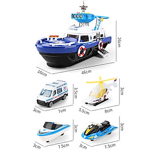 Ship Toy Set Boat Toys with Police Car and Mini Helicopter with Sound and Light Airplane Toys for Kids 4 5 6 Year (Blue)